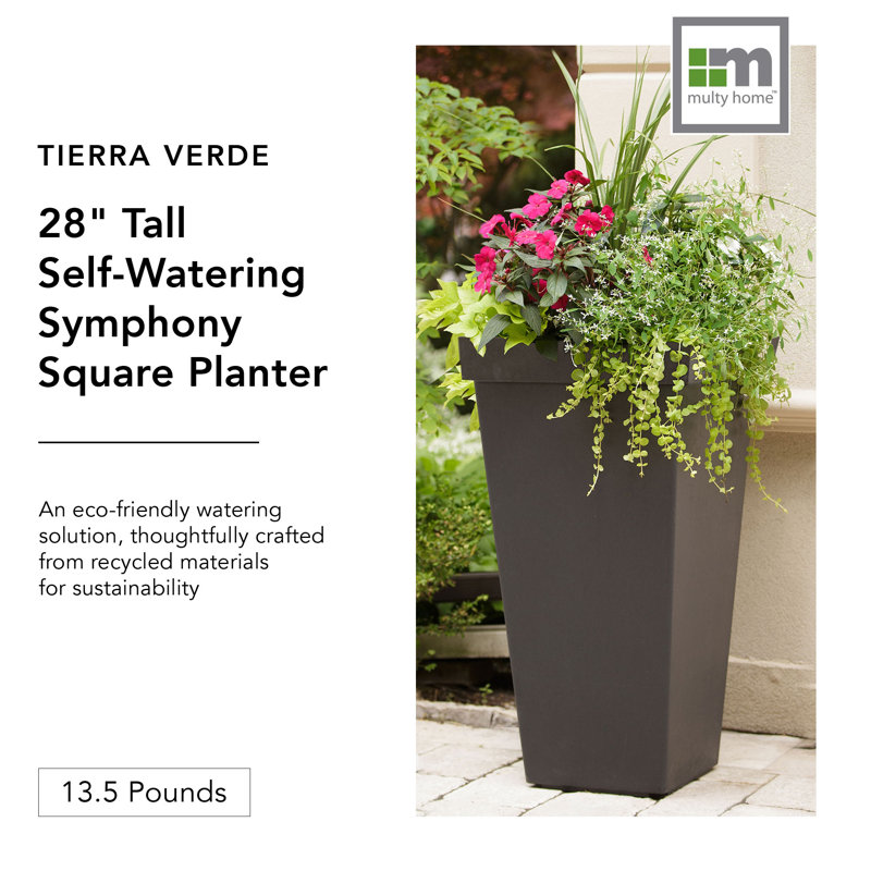 Latitude Run® Tierra Verde Self Watering Symphony Square Planter, 15" Wide x 28" Tall, Black ...